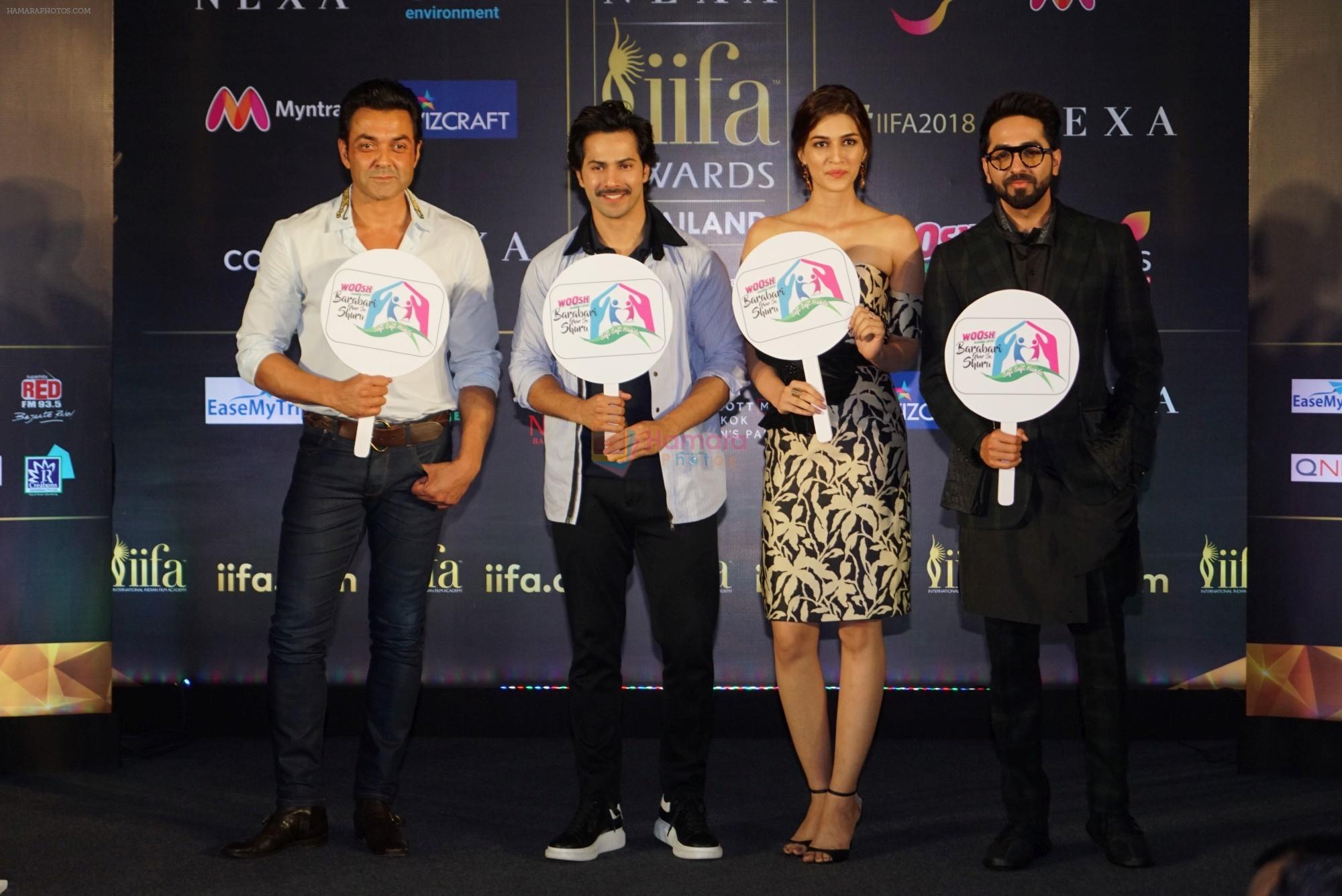 Bobby Deol, Varun Dhawan, Ayushmann Khurrana, Kriti Sanon at IIFA press ...