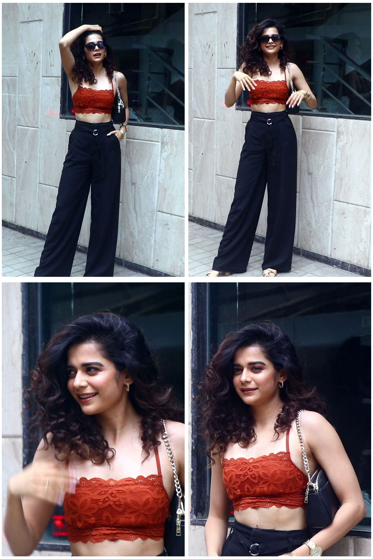 Mithila Palkar in a red bralette top and black pant