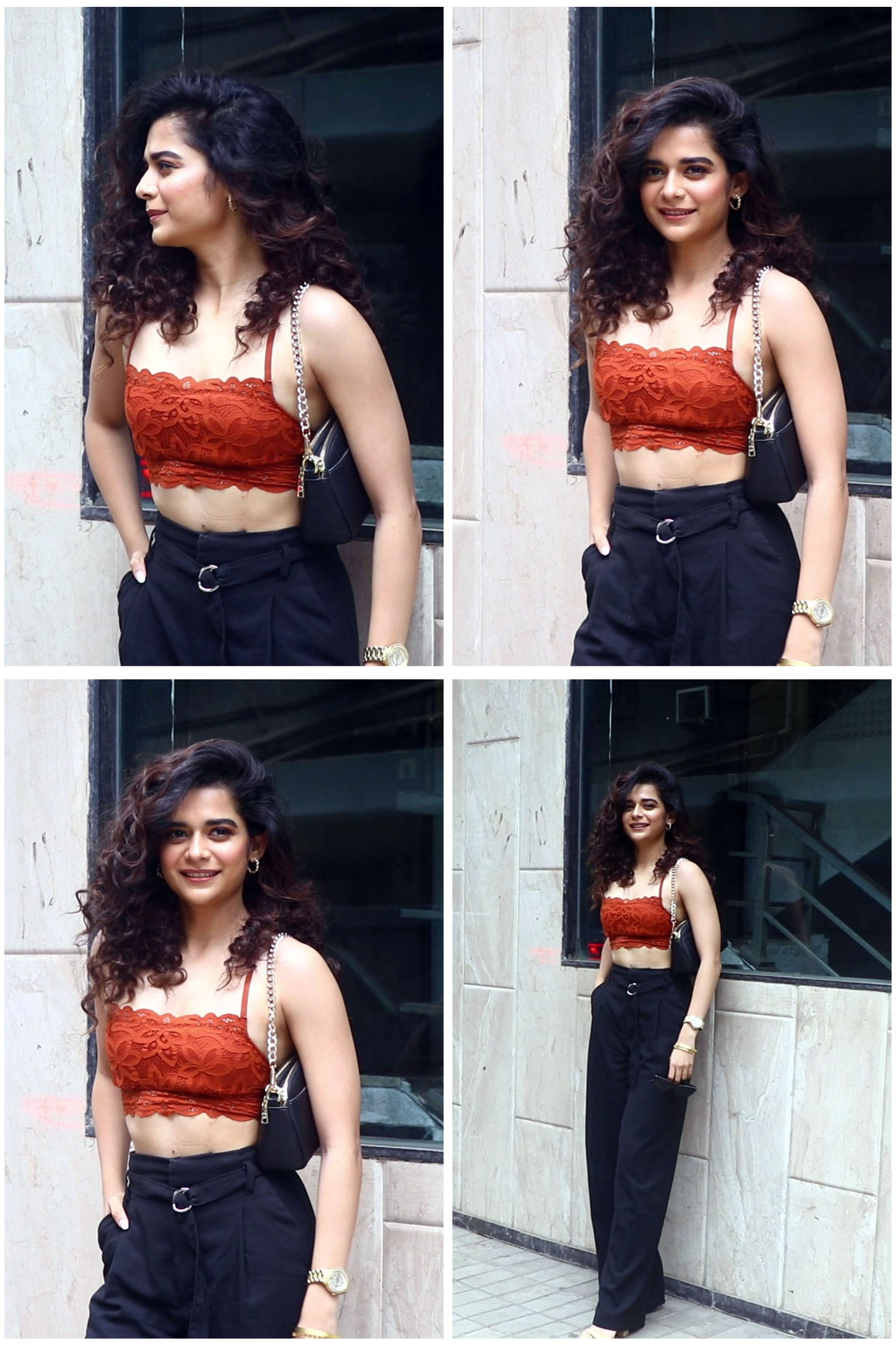 Mithila Palkar in a red bralette top and black pant
